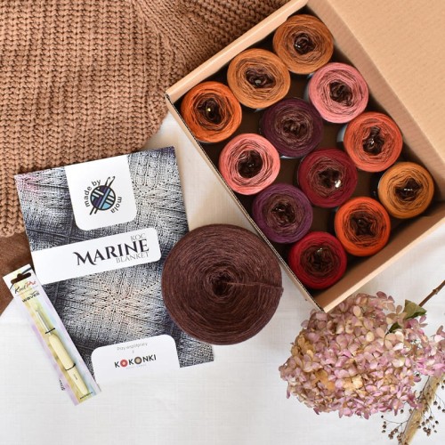 Zestaw na szydełkowy KOC MARINE Merino / Pumpkin Spice / 1+12+szydełko ...